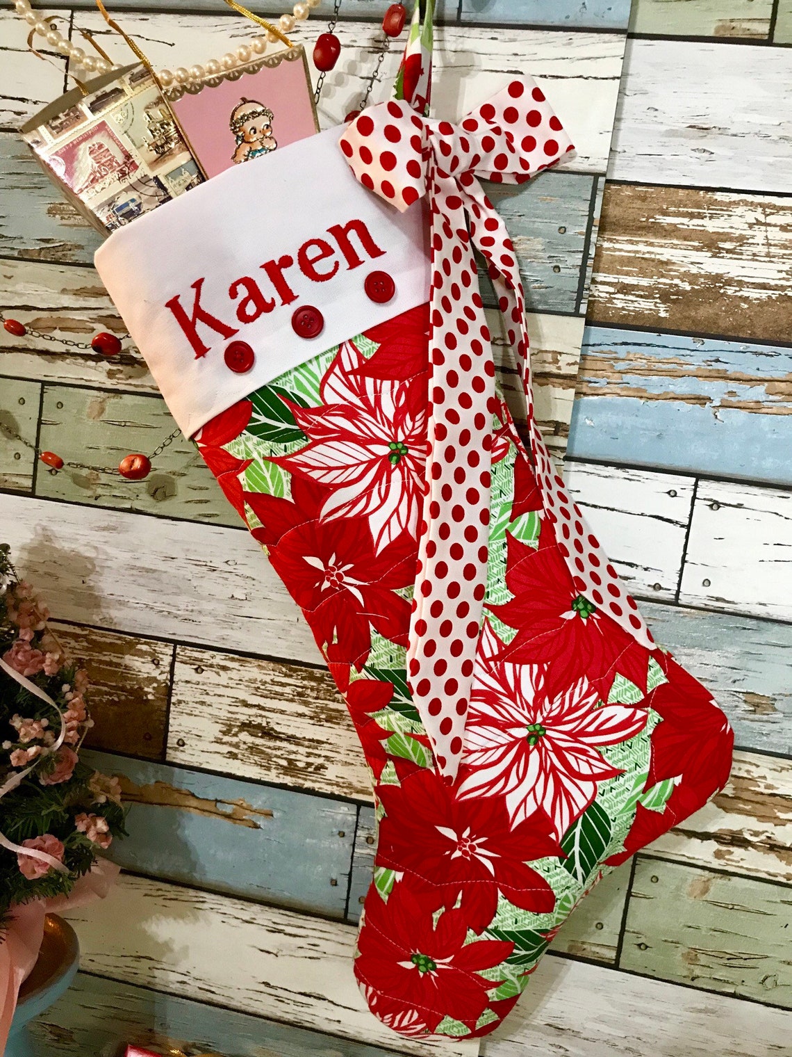 Personalized Christmas Stocking Classic Red Poinsettias Green - Etsy
