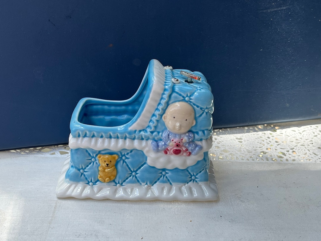 Vintage LUV Ceramic Baby Crib Planter: Blue Ruffles Music Box - Etsy