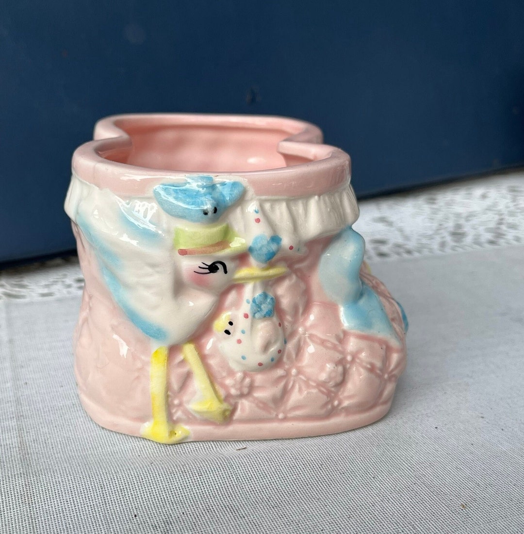 Vintage Stork With Baby Ruben's Original Ceramic Pink Baby Shoes ...