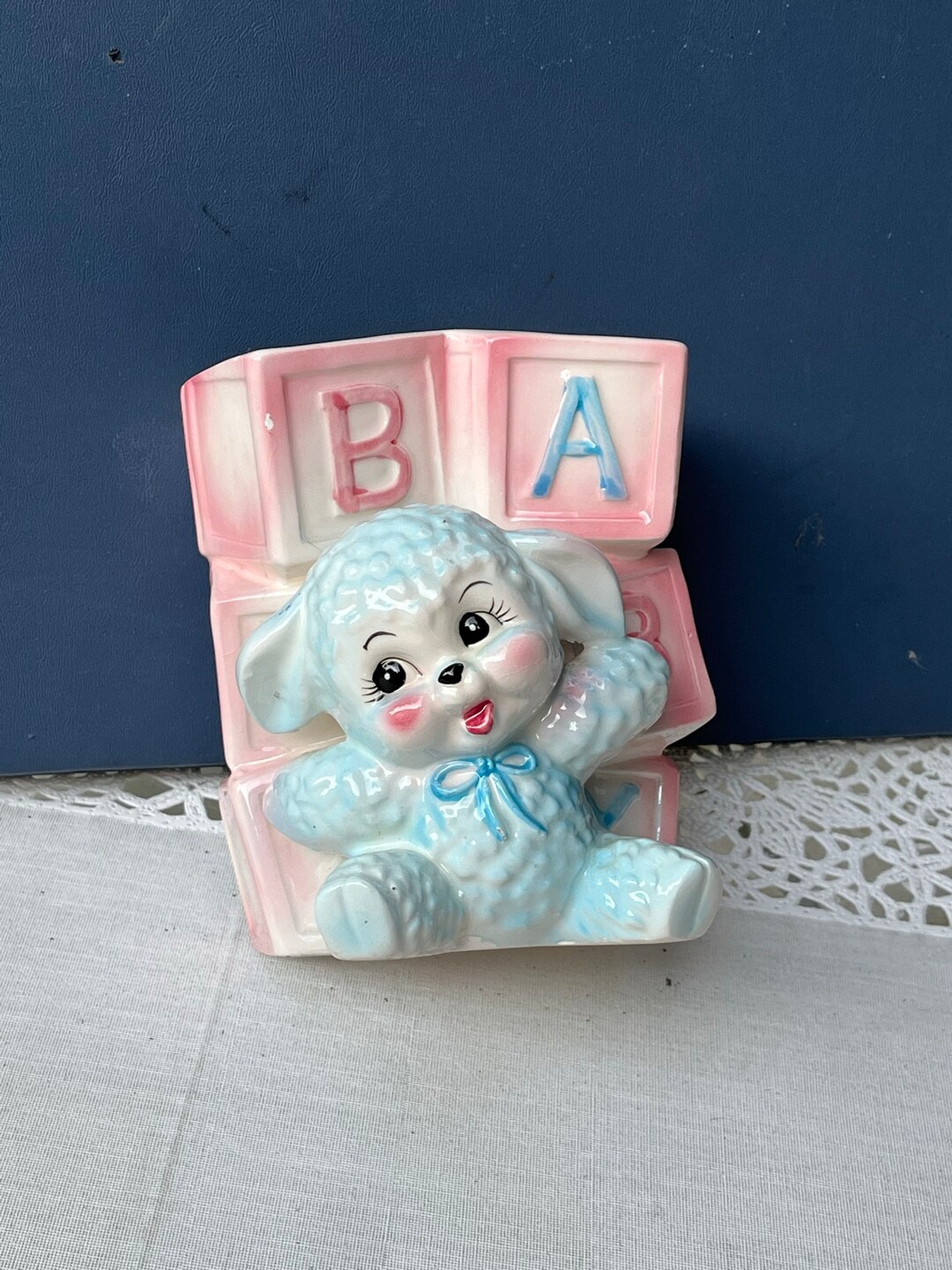 Vintage Lefton Japan Ceramic Blue Lamb -blocks Pink- Bow- Baby- Planter ...