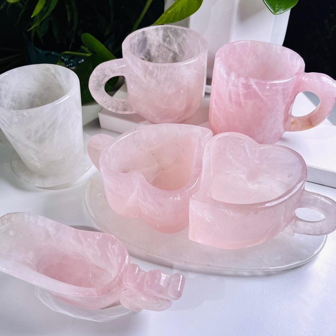 Natural Rose Quartz Coffee Cup Set, Crystal Couple Heart Cups, Hand ...