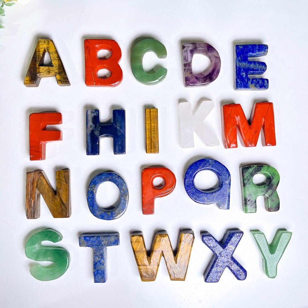 Natrual Hand Carved Gemstone Letter Bead, Crystal 26 English Letters ...