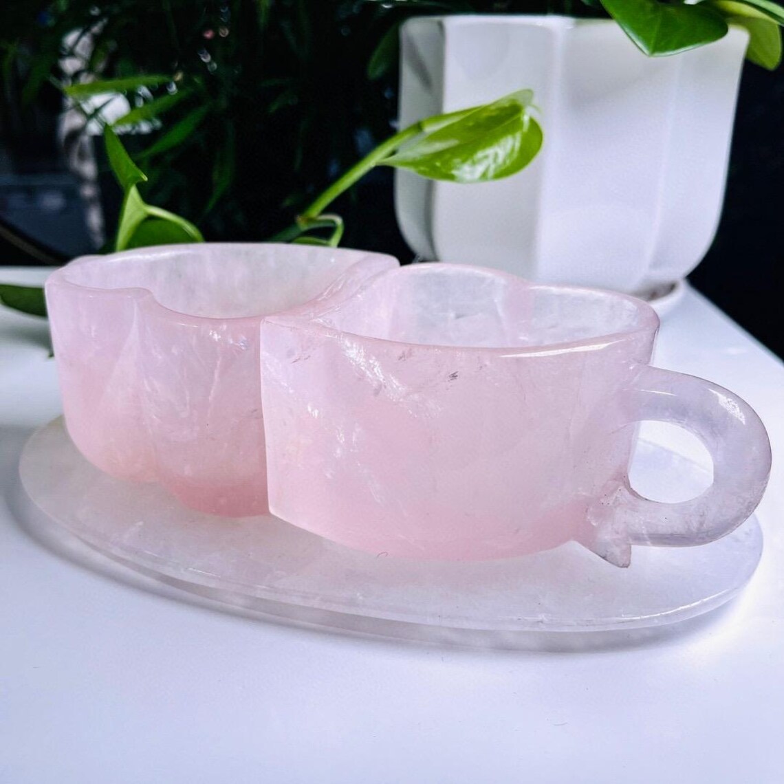 Natural Rose Quartz Coffee Cup Set, Crystal Couple Heart Cups, Hand ...