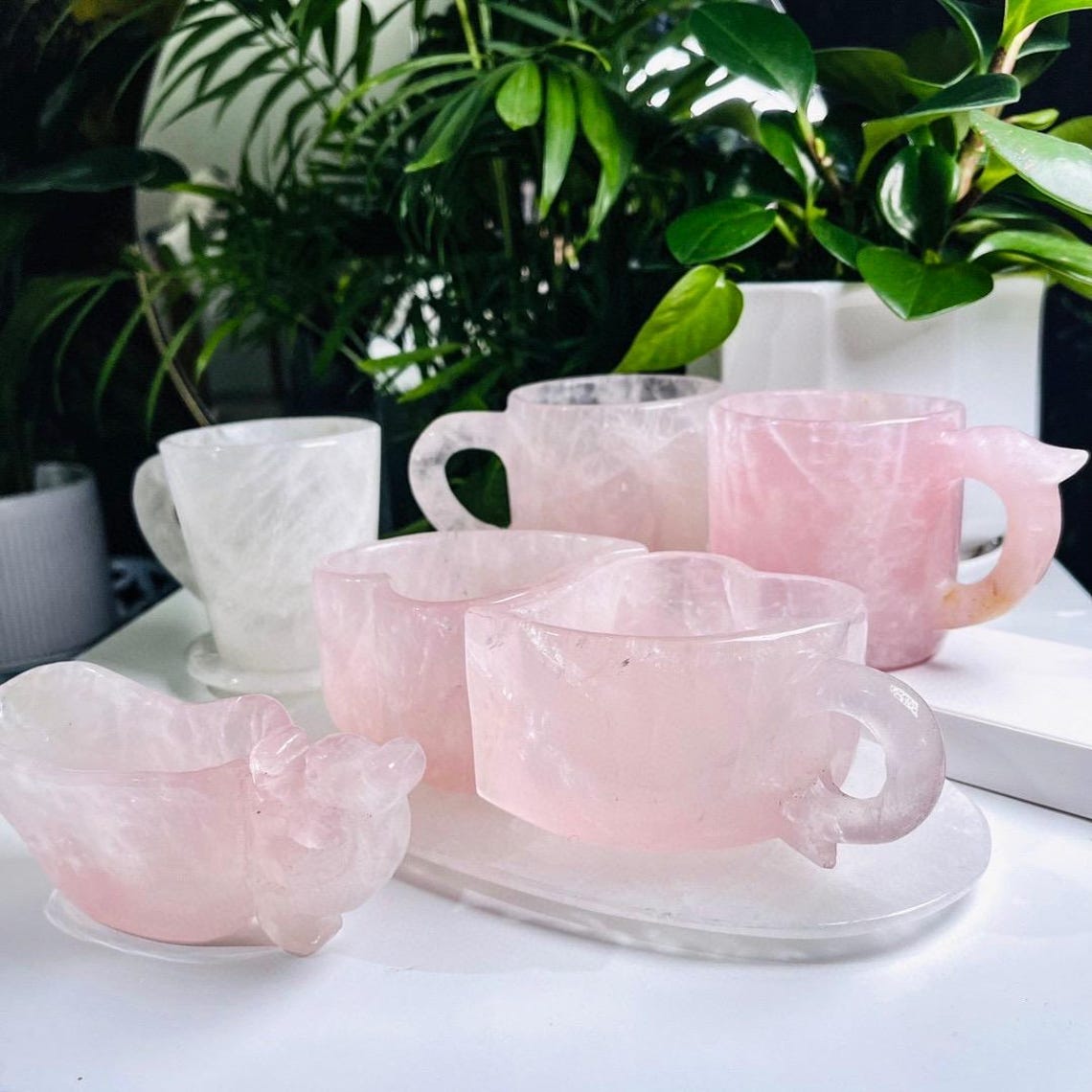 Natural Rose Quartz Coffee Cup Set, Crystal Couple Heart Cups, Hand ...