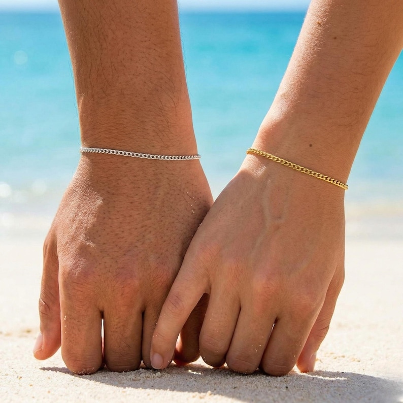 Love Couple Bracelet Set, Boyfriend Chain Curb Bracelet Matching, Gold ...