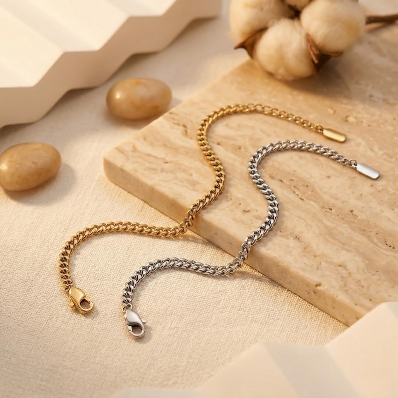 Love Couple Bracelet Set, Boyfriend Chain Curb Bracelet Matching, Gold ...
