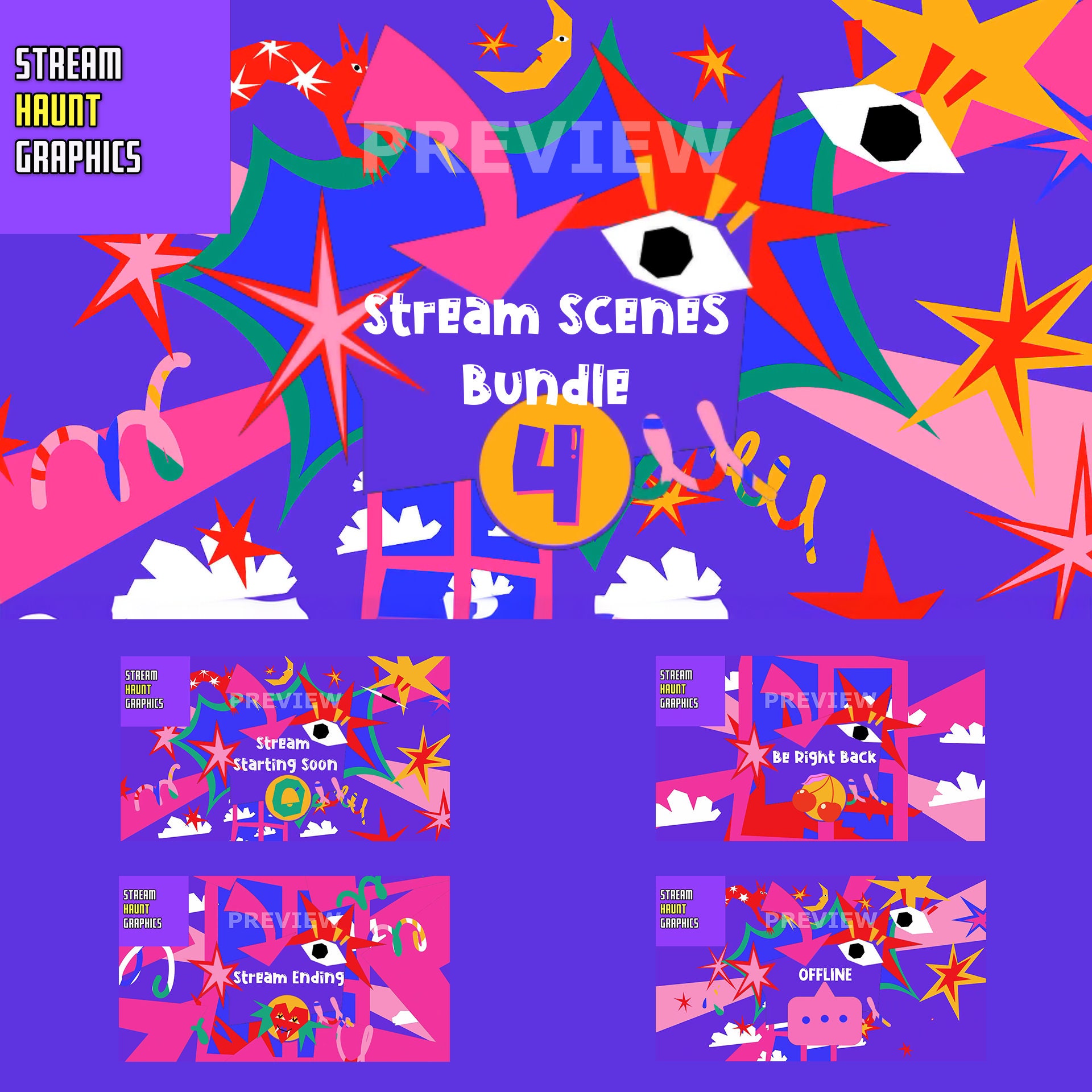 Vivid and Whimsical Twitch Stream Overlay Bundle: Funny Abstract Art ...
