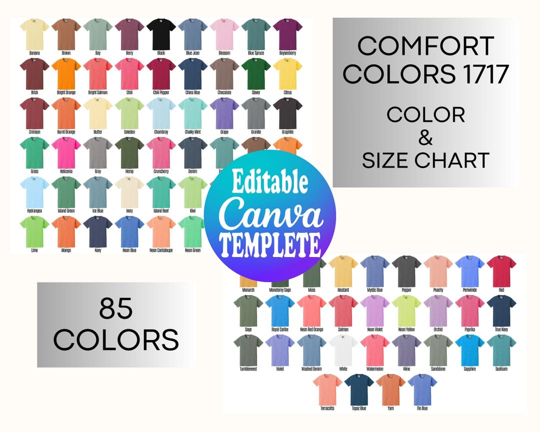 Editable Comfort Colors 1717 Color Chart & Size Chart, Comfort Colors ...