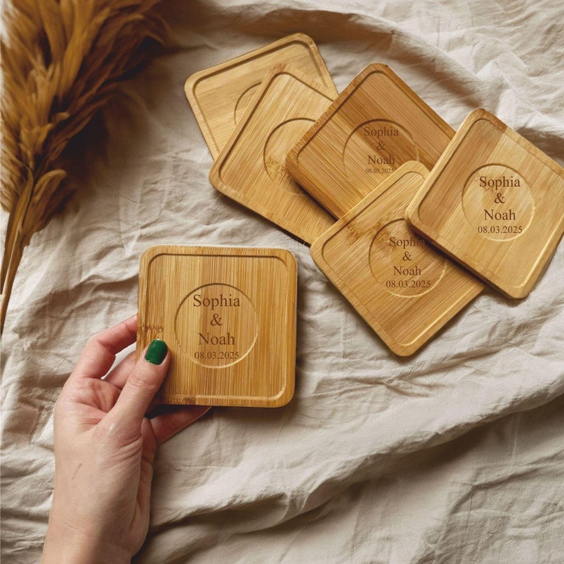Custom Engraved Bamboo Coasters Personalized Wedding Favors, Eco ...