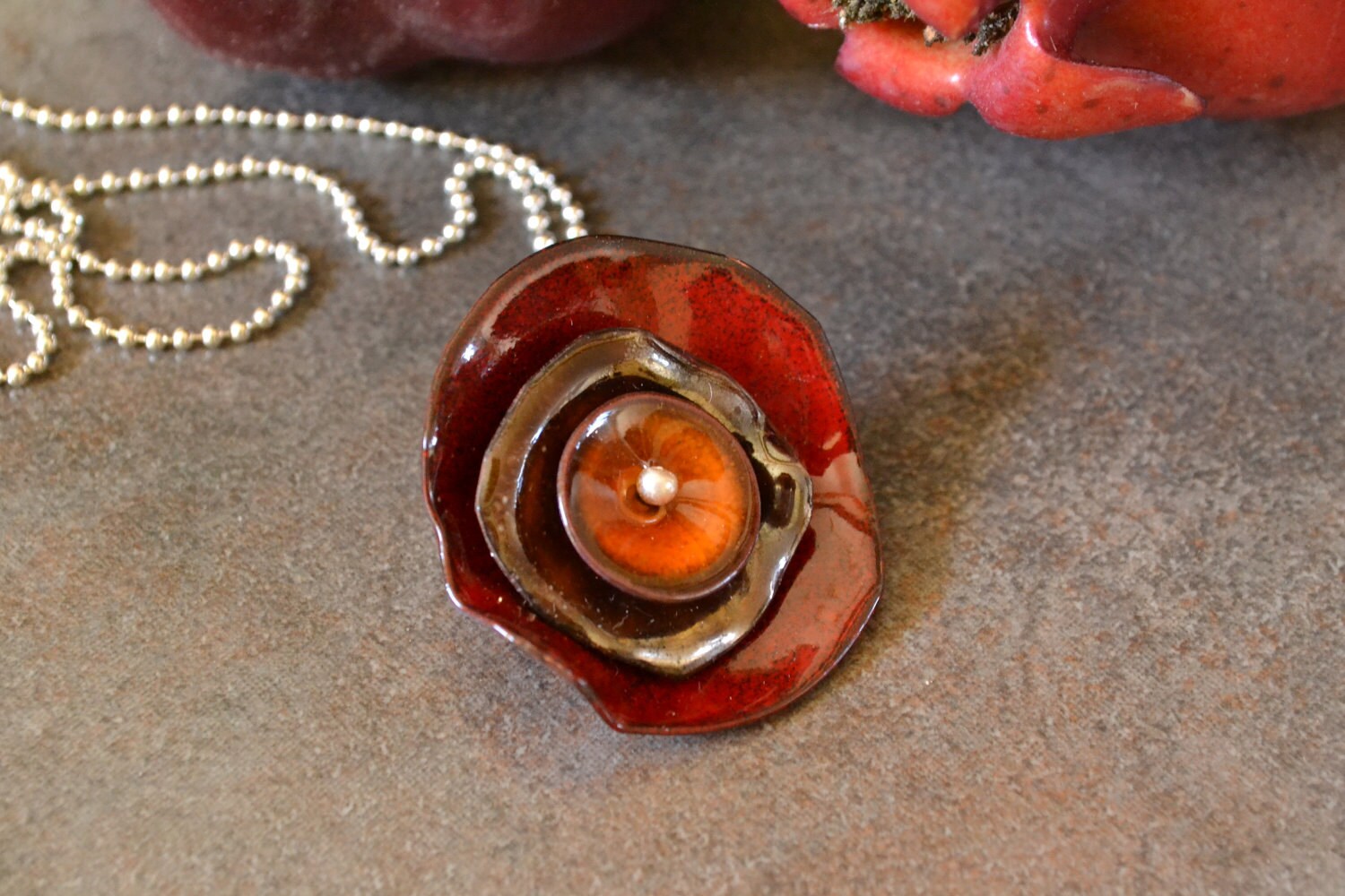 Poppy Flower Enamel Necklace Red Brown Orange | Etsy