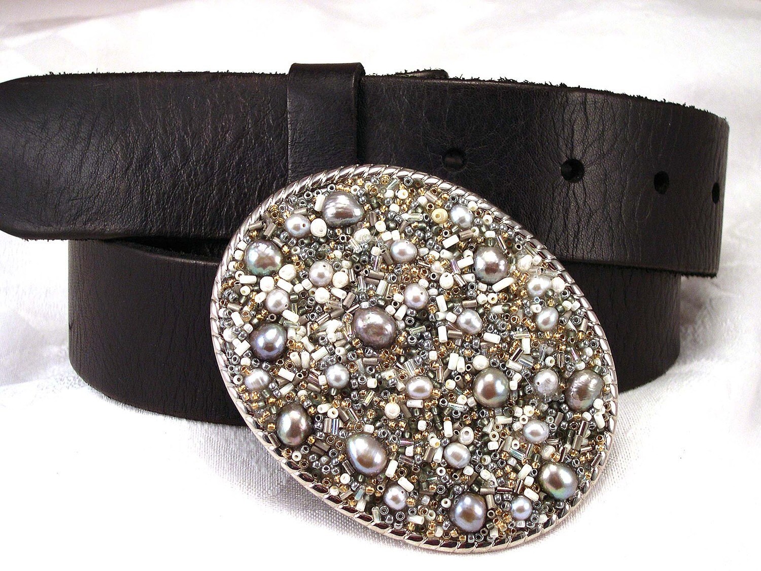 Beaded Belt Buckle Silver Gray Pearls Country Western Chic - Etsy