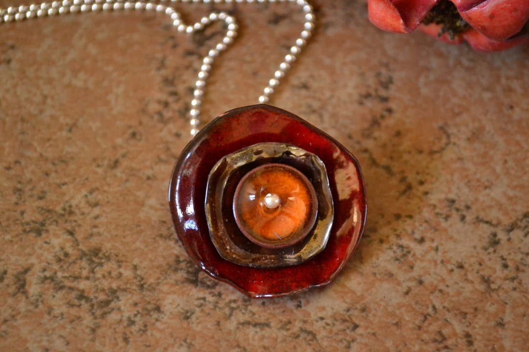 Poppy Flower Enamel Necklace Red Brown Orange - Etsy