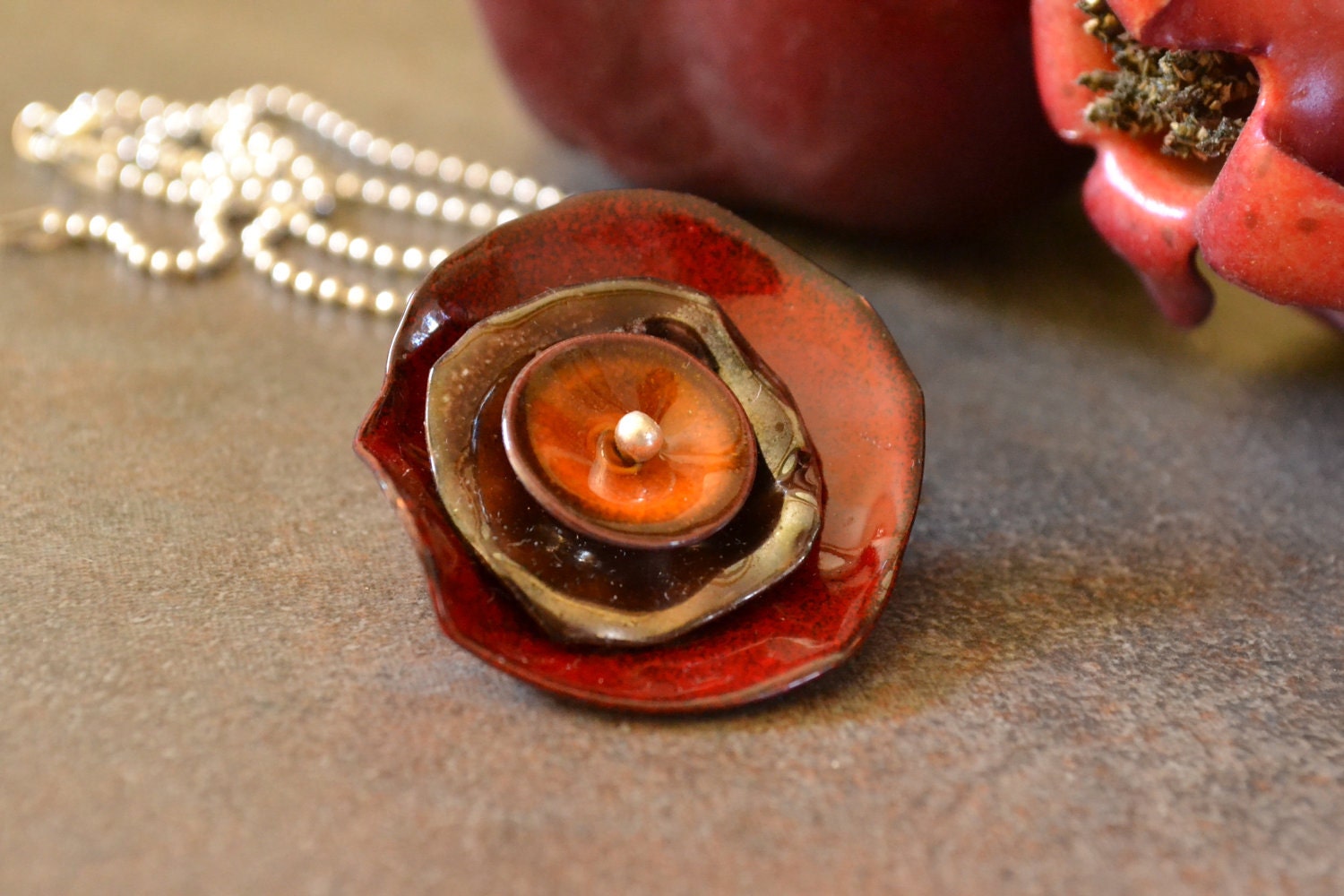 Poppy Flower Enamel Necklace Red Brown Orange | Etsy