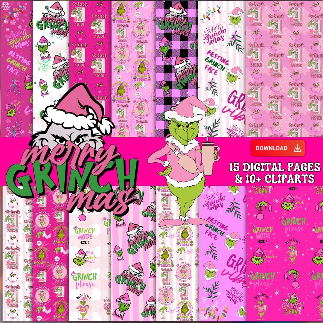 Pink G-rinch Christmas Holiday Digital Papers | Seamless Patterns | W ...