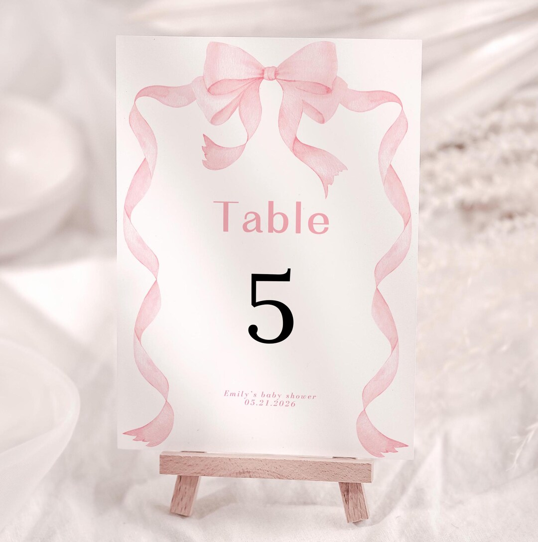 Editable Blush Pink Bow Baby Shower Table Number Template, Wedding ...