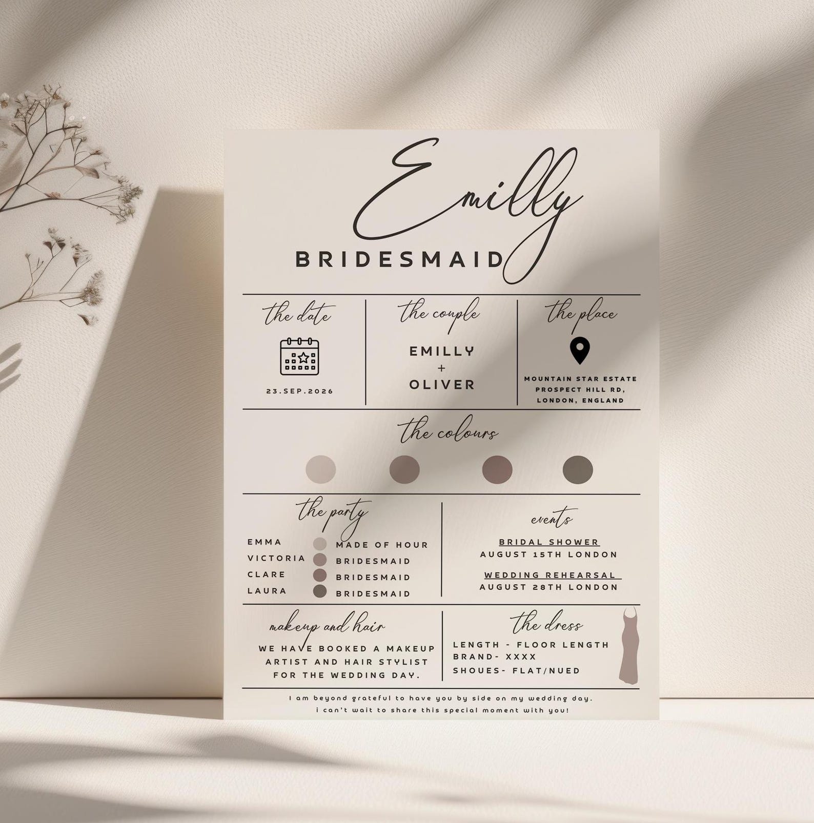 Bridesmaid Proposal Information Card: Minimalist Design (editable ...