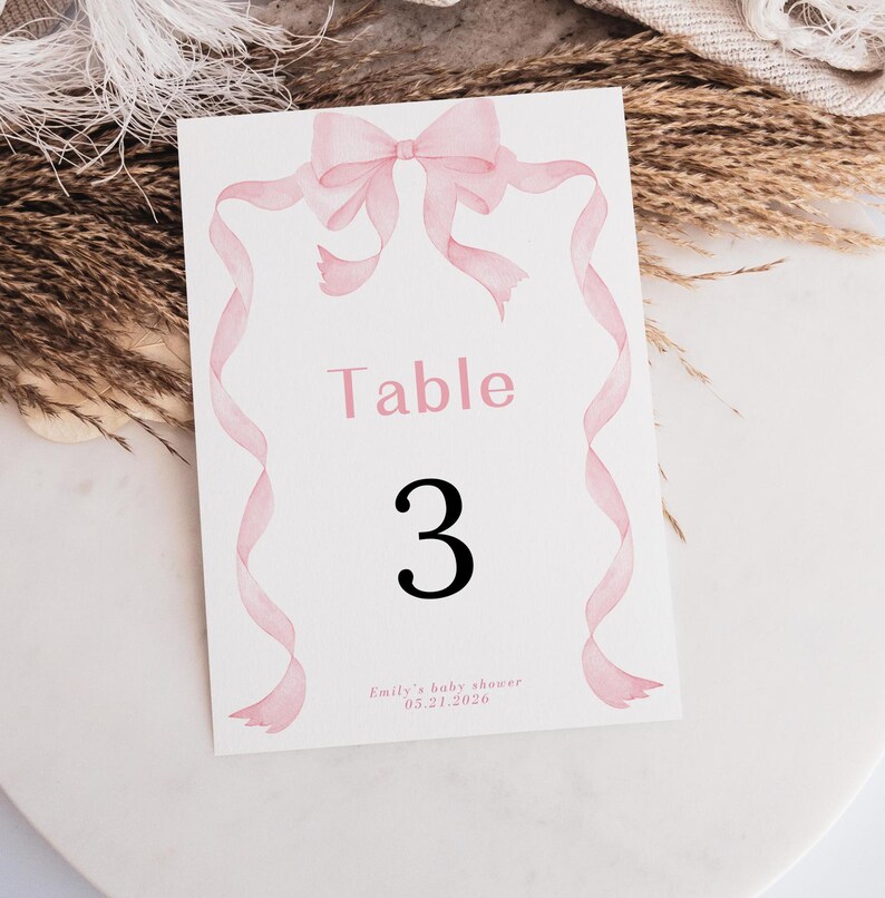 Blush Pink Bow Table Number Template: Baby Shower, Wedding (digital ...