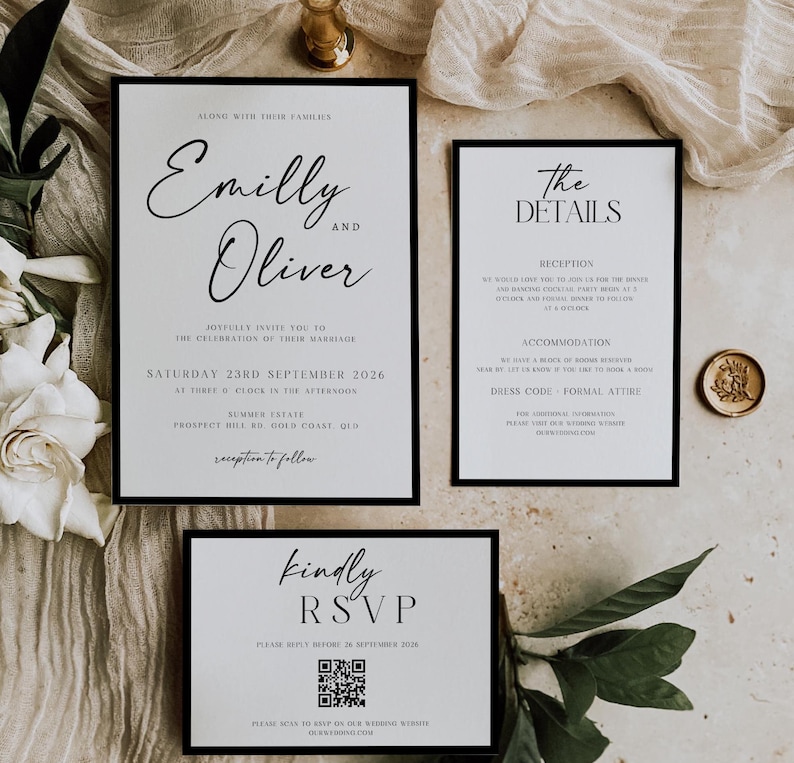 Modern Minimalist Wedding Invitation Template Set With QR Code (digital ...