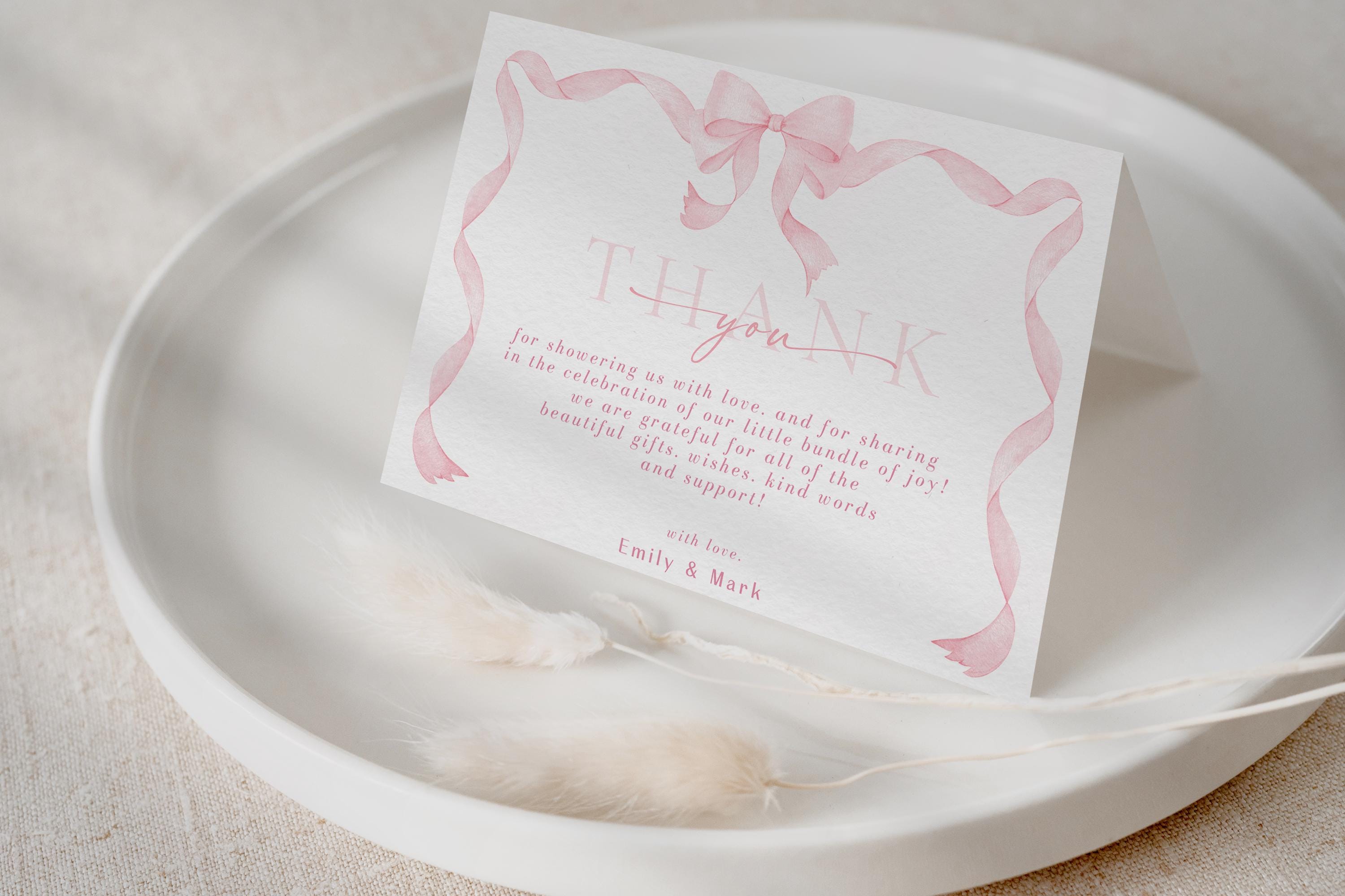 Pink Bow Baby Shower Thank You Card Template, Ribbon Bow Than You Cards ...