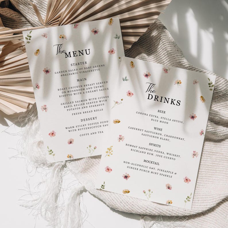 Wildflower Menu and Drinks Sign, Floral Menu Template, Boho Flowers ...