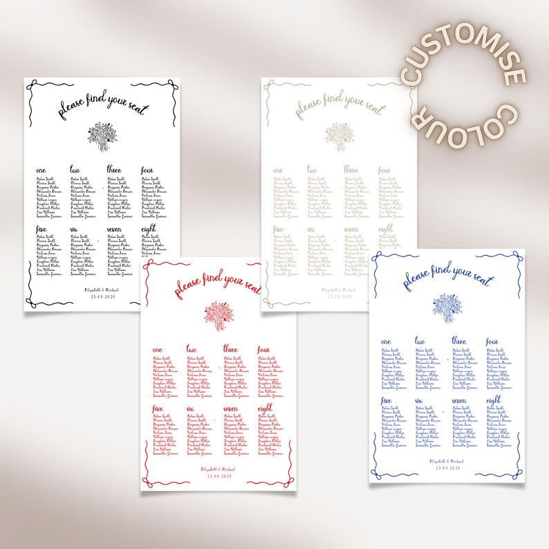 Whimsical Wedding Seating Chart Template: Hand-drawn Floral Design ...