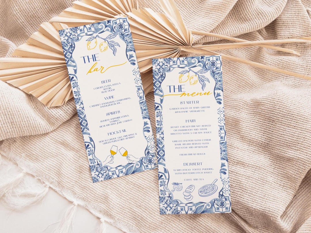 Editable Italian Summer Menu Template, Blue Citrus Wedding Menu, Main ...