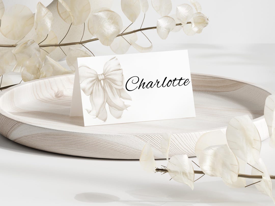 Editable Bow Bridal Shower Place Card Template, Elegant White Bow Name ...