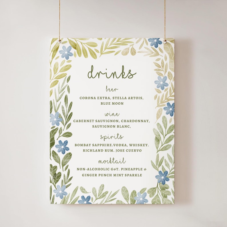Floral Drinks Menu Template: Editable Bar Sign (digital Download) - Etsy