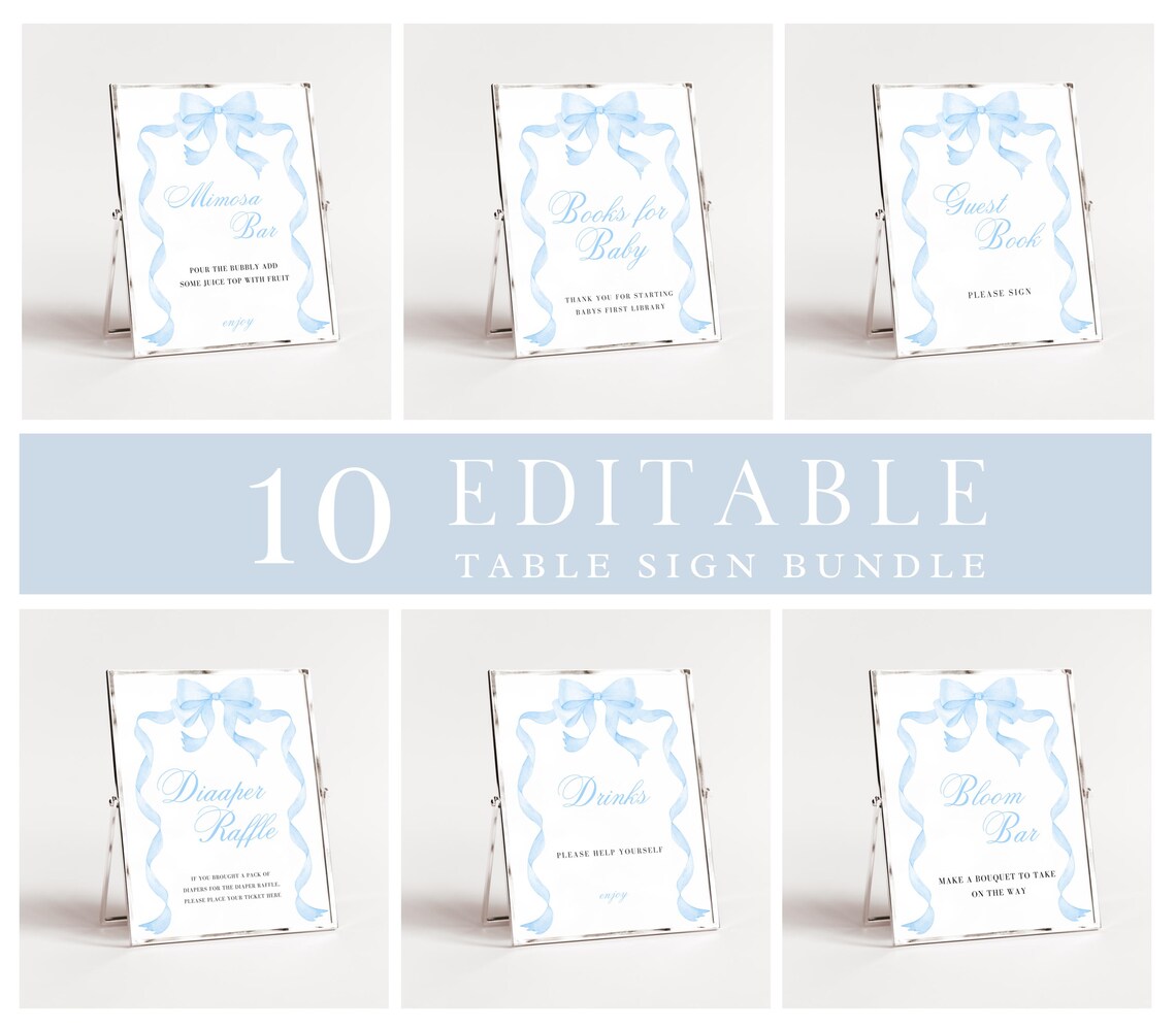 Blue Bow Baby Shower Table Signs: Editable Canva Template (digital ...