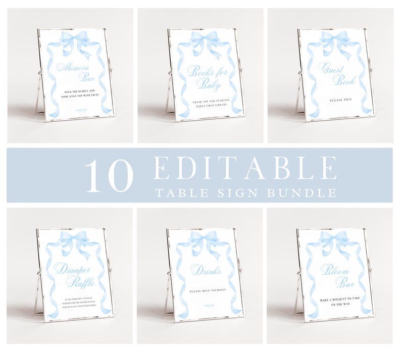 Blue Bow Baby Shower Table Signs: Editable Canva Template (digital ...