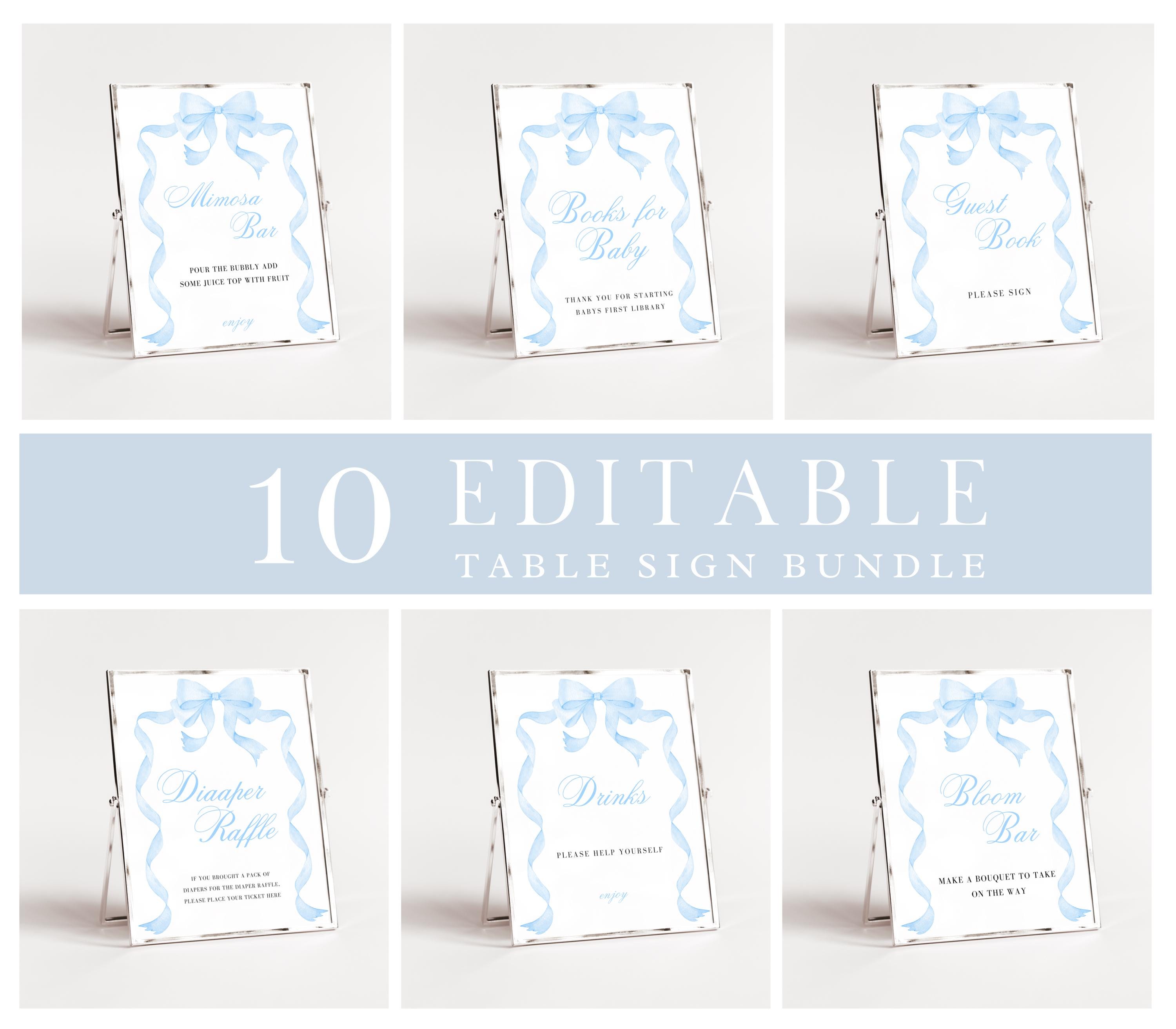 Blue Bow Baby Shower Table Signs: Editable Canva Template (digital ...