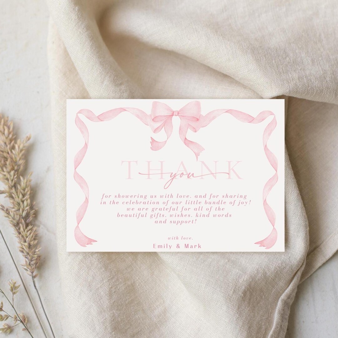Pink Bow Baby Shower Thank You Card Template, Ribbon Bow Than You Cards ...