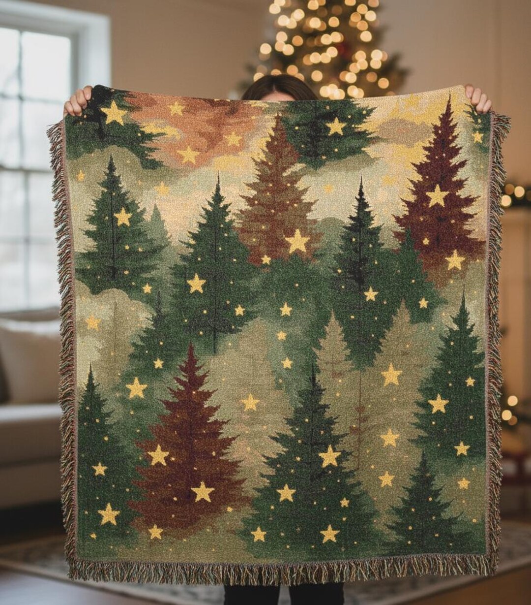 Woodland Tree Art Woven Blanket Wall Tapestry Cottagecore Christmas