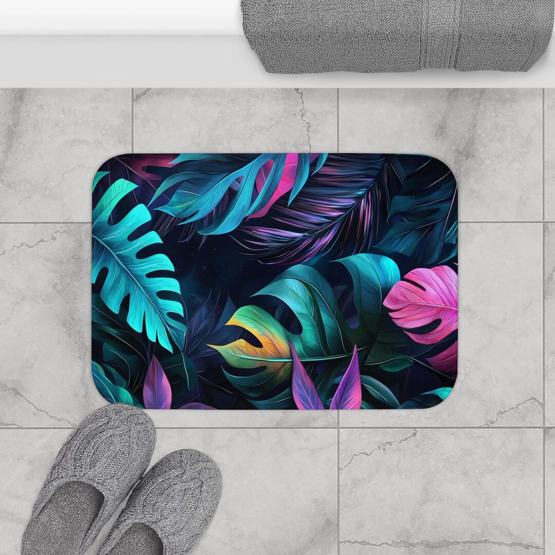 Tropical Leaf Bath Mat, Vibrant Jungle Accent Rug, Non-slip Microfiber ...