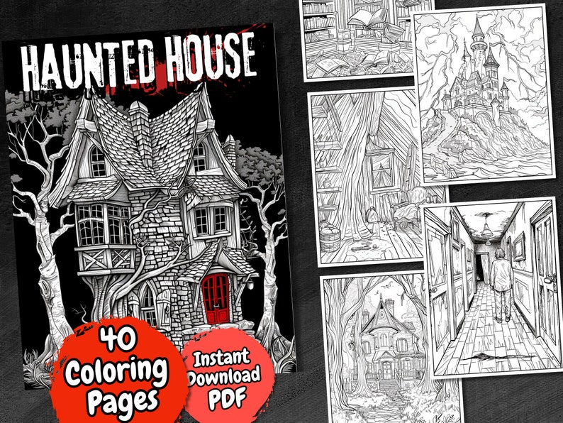 Haunted House Coloring Pages, Printable Halloween Coloring Book for ...
