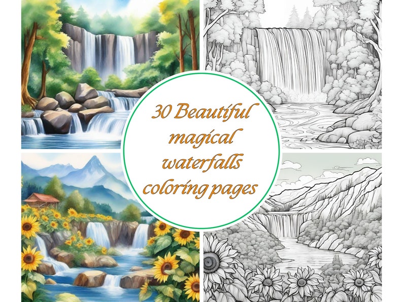 Magical Waterfalls Printable Coloring Pages, Coloring Book, 11”x8.5 ...