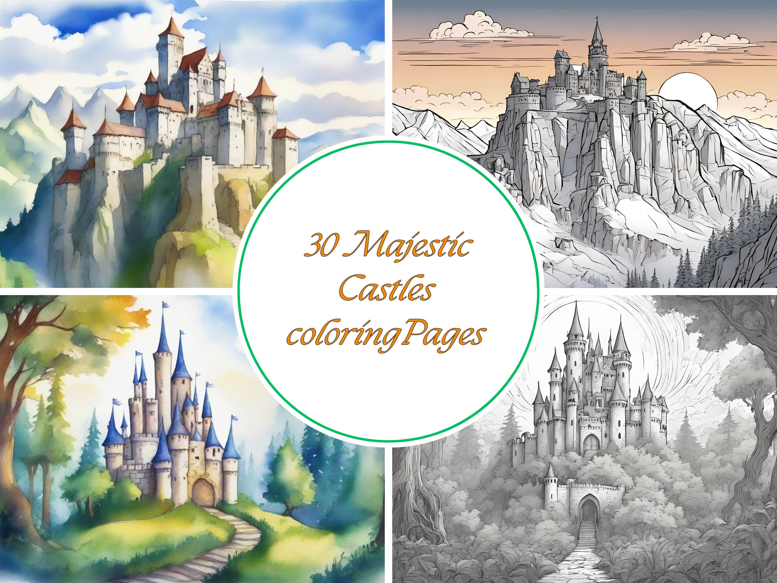 Majestic Castles Printable Coloring Pages for Adults, Colouring Book ...