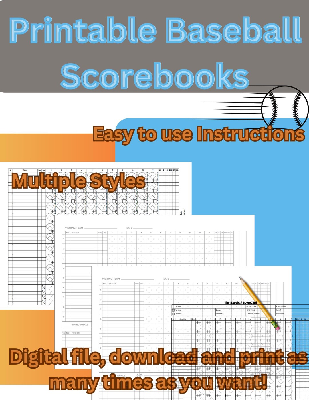 Printable Team Baseball Scorebook, Little League, Play by Play, Batting ...