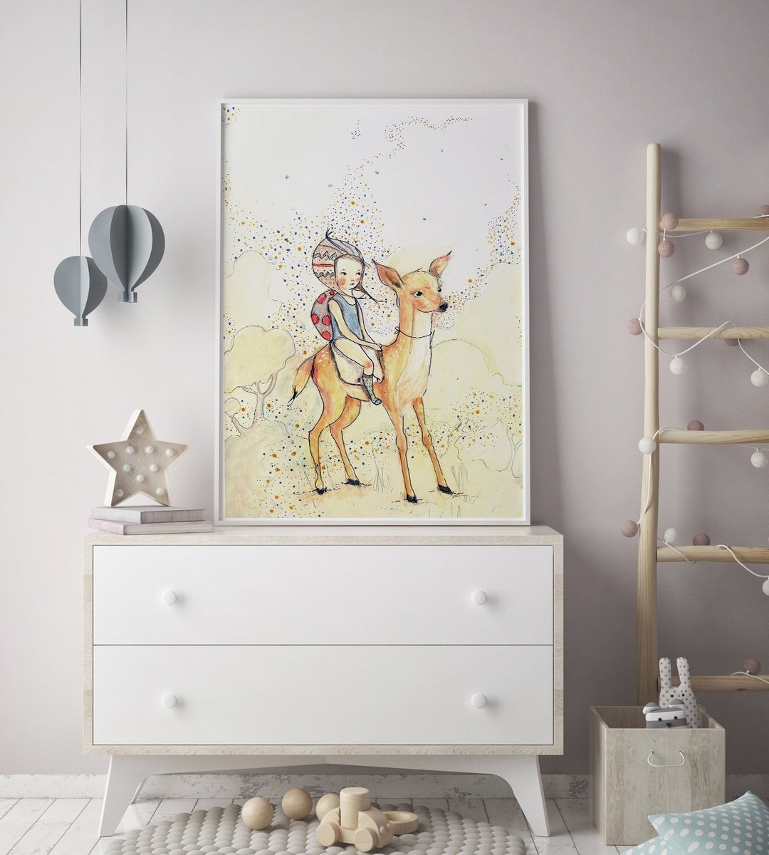 Deer and Girl Wall Art, Girl Riding, Deer Poster, Girl Costume, Girl ...