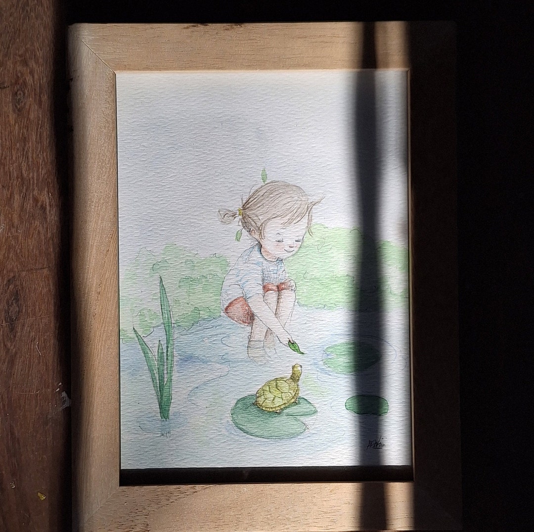 Turtle and Me, Original Framed Illustration Girl, Girl and Turtle ...