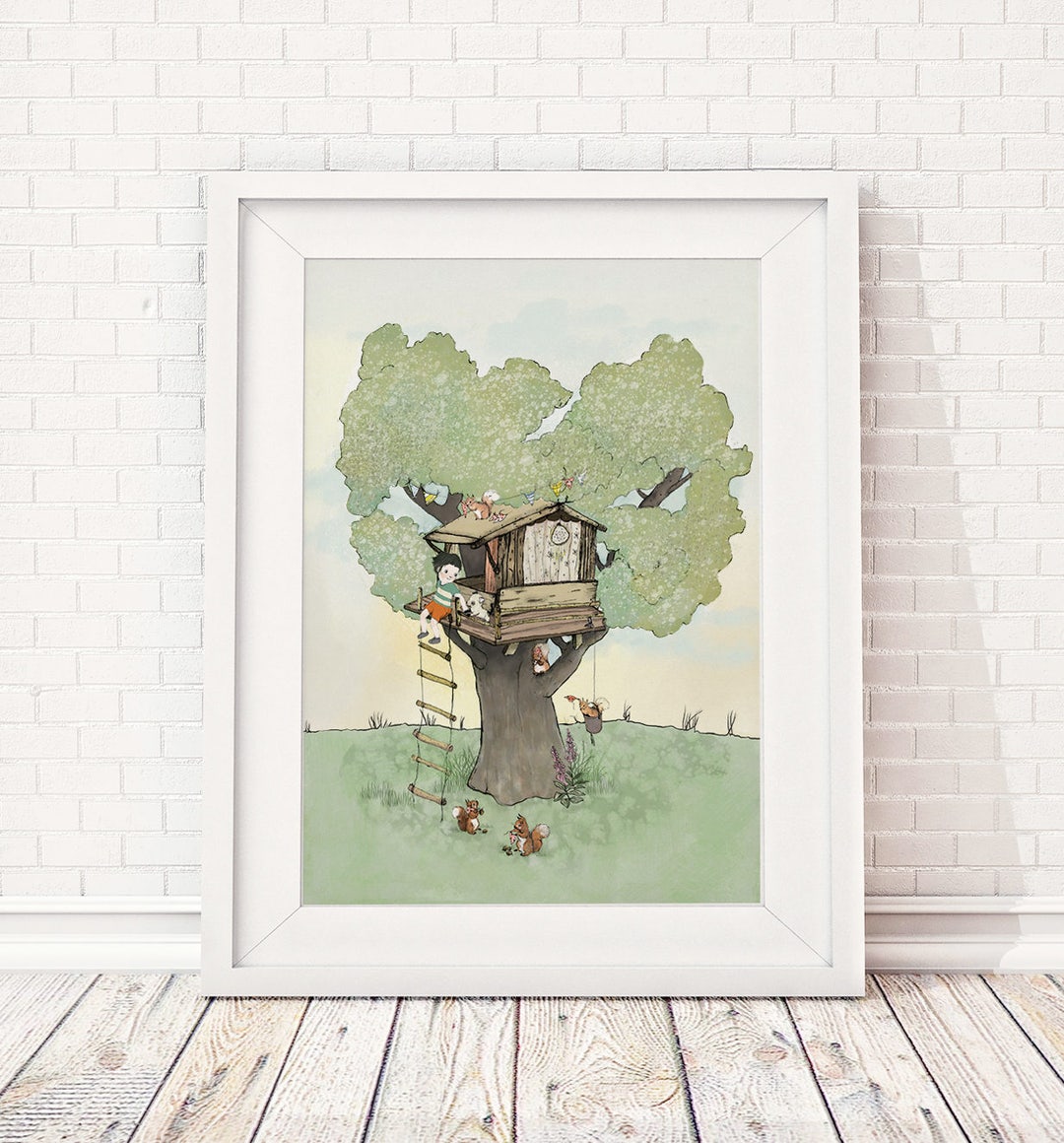 Treehouse Nursery Wall Art: Squirrel & Tree Fort Print - Etsy