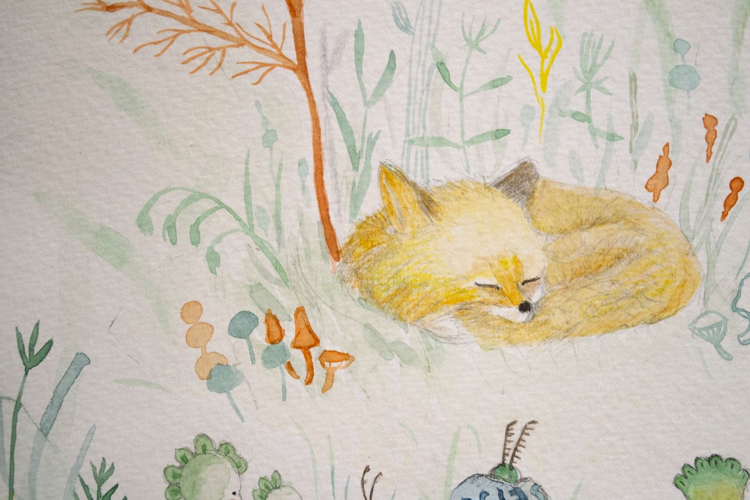 Original Art Fox Sleeping Woodland Animals Painting, Fox Original ...