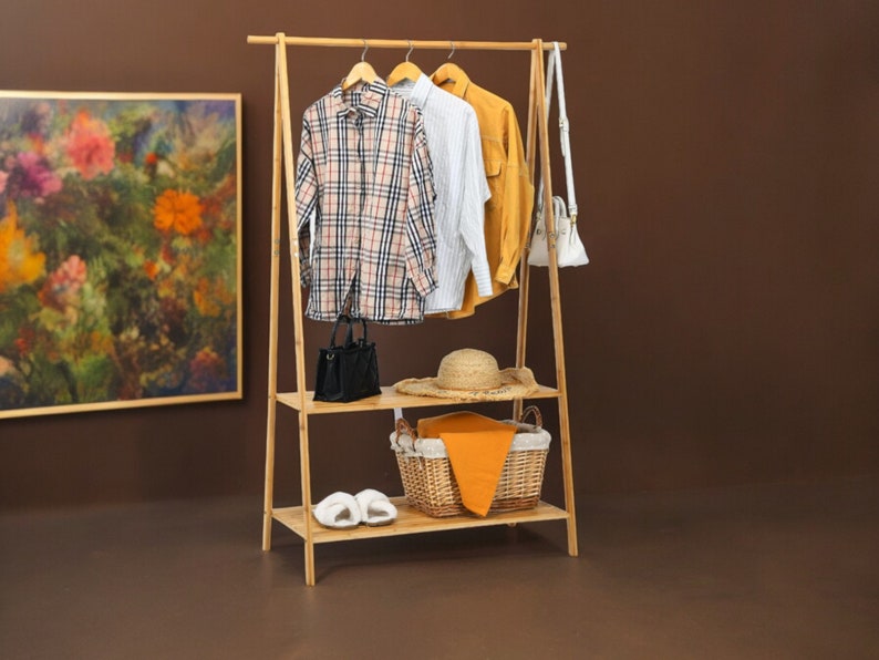 Bamboo Garment Rack-freestanding Clothes Rack With 2-tier Storage ...