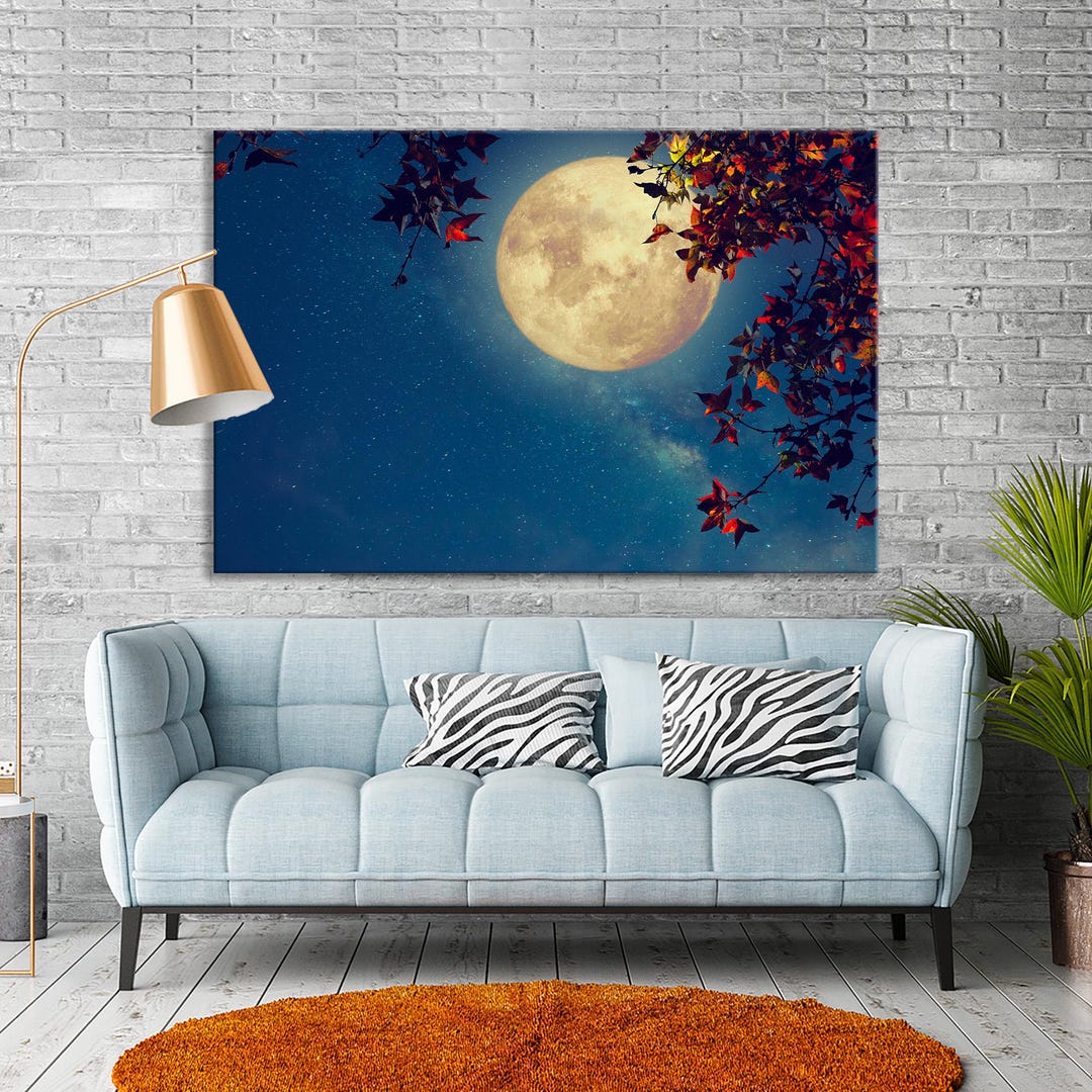 Full Moon Wall Art, Night Sky Canvas, Moon Retro Style Decor Art, Milky ...
