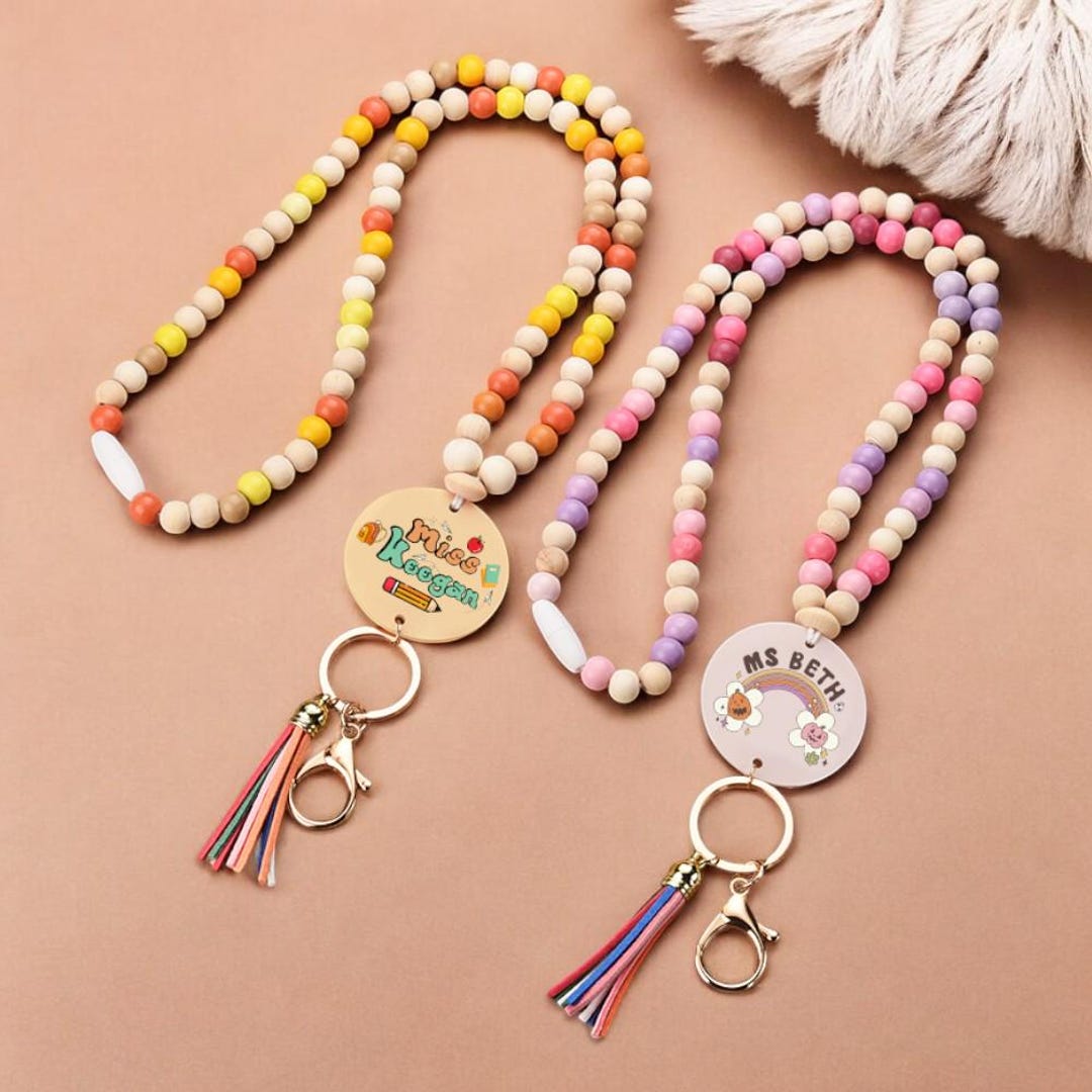 Personalized Teacher Lanyards Boho Beads Teacher Lanyard Beaded Wooden ...