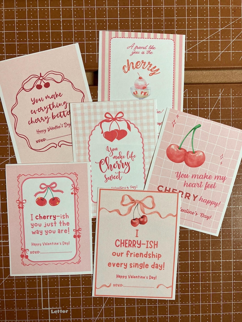Printable Cherry Valentines Day Cards, Mini Valentines Cards, Coquette ...