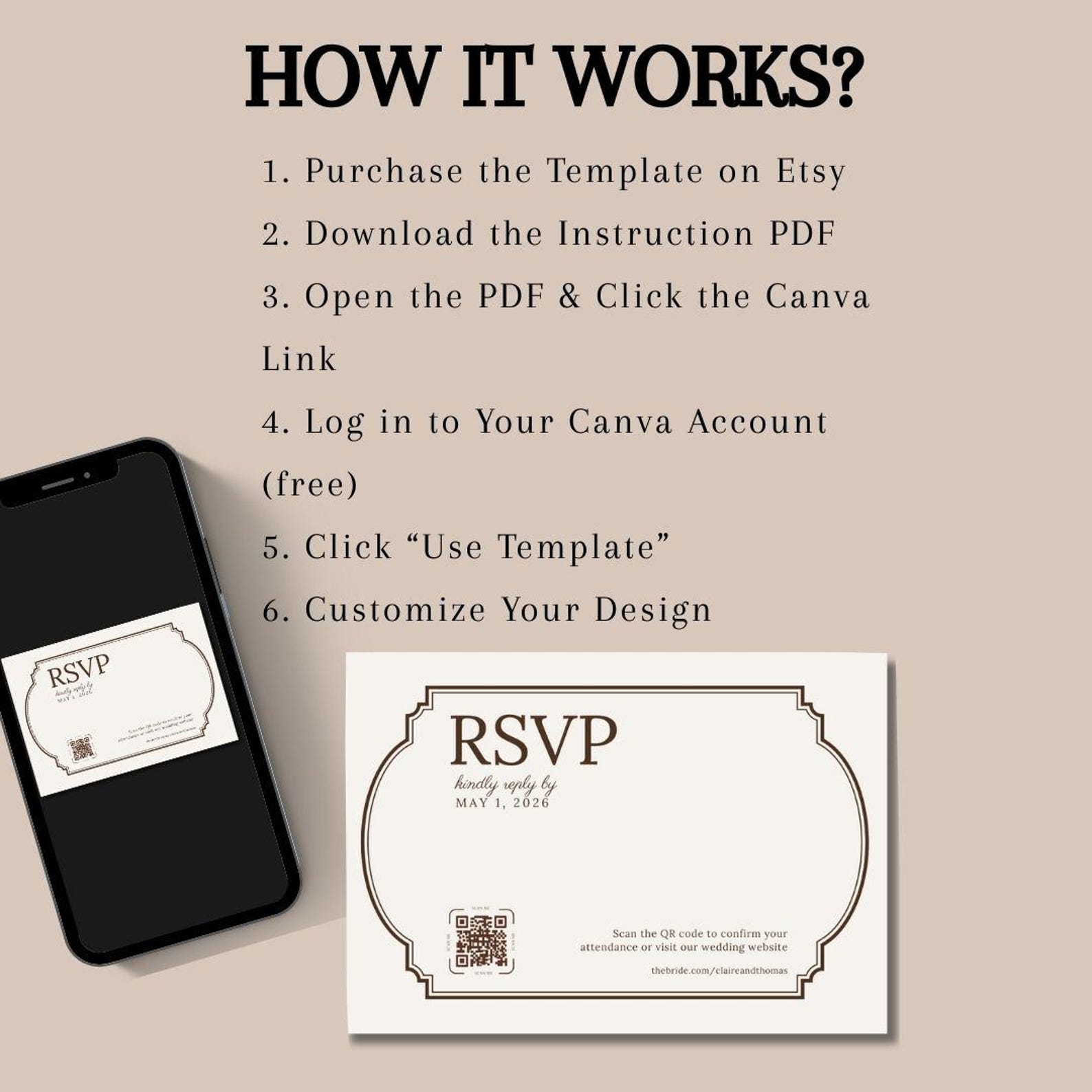 Minimal QR Code RSVP Card Template, Wedding Reply Card, Espresso Brown ...