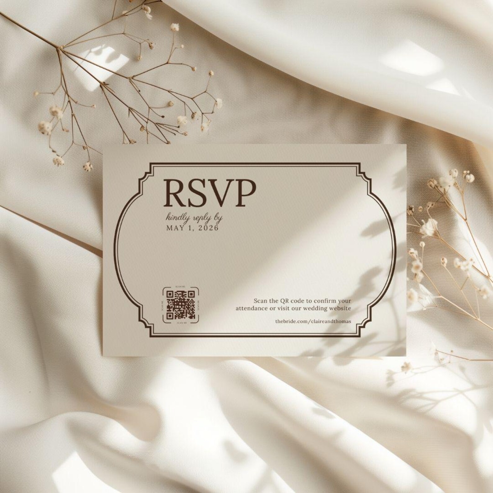 Minimal QR Code RSVP Card Template, Wedding Reply Card, Espresso Brown ...