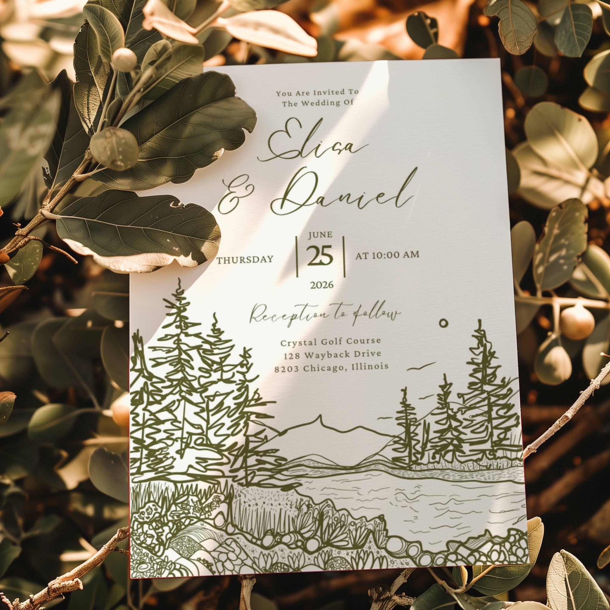 Mountain Wedding Invitation, Forest Wedding Invite Template, Hand Drawn ...