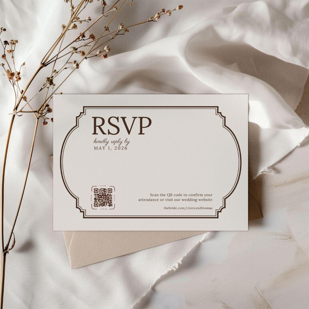 Minimal QR Code RSVP Card Template, Wedding Reply Card, Espresso Brown ...